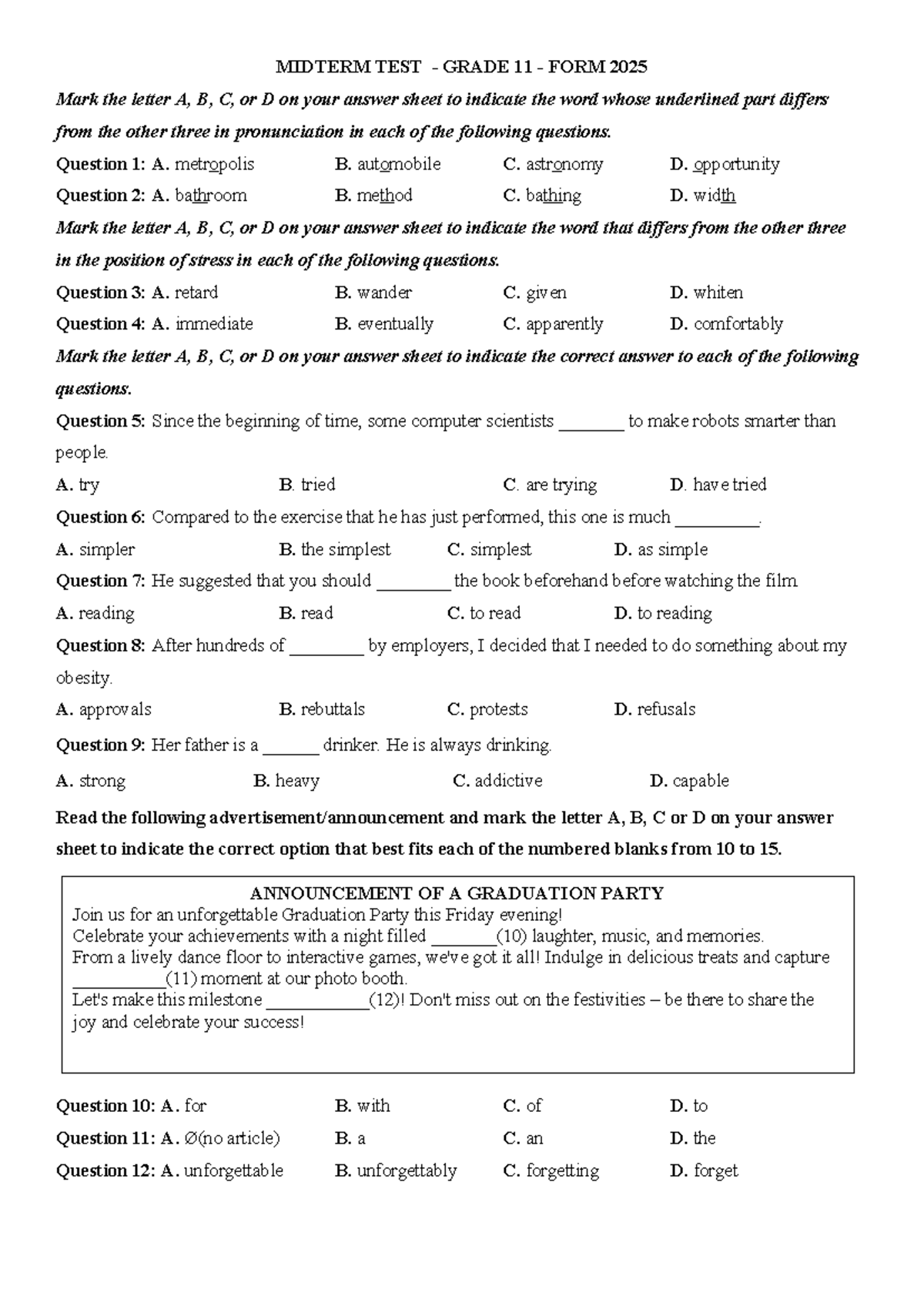 TEST K11B - TEST English 11 GKI - MIDTERM TEST - GRADE 11 - FORM 2025 ...