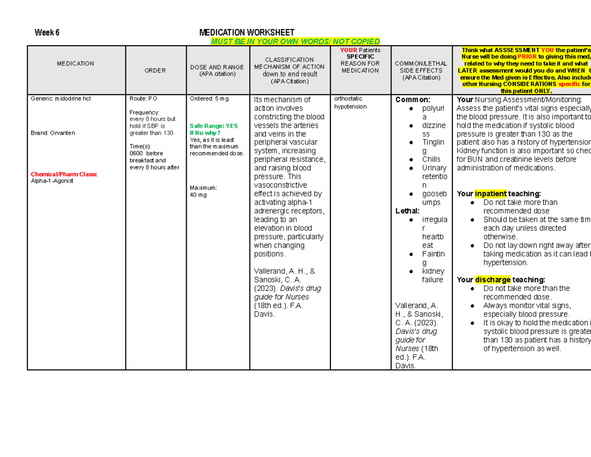 Midodrine hcl 2 - Notes - Week 6 MEDICATION WORKSHEET MUST BE IN YOUR ...