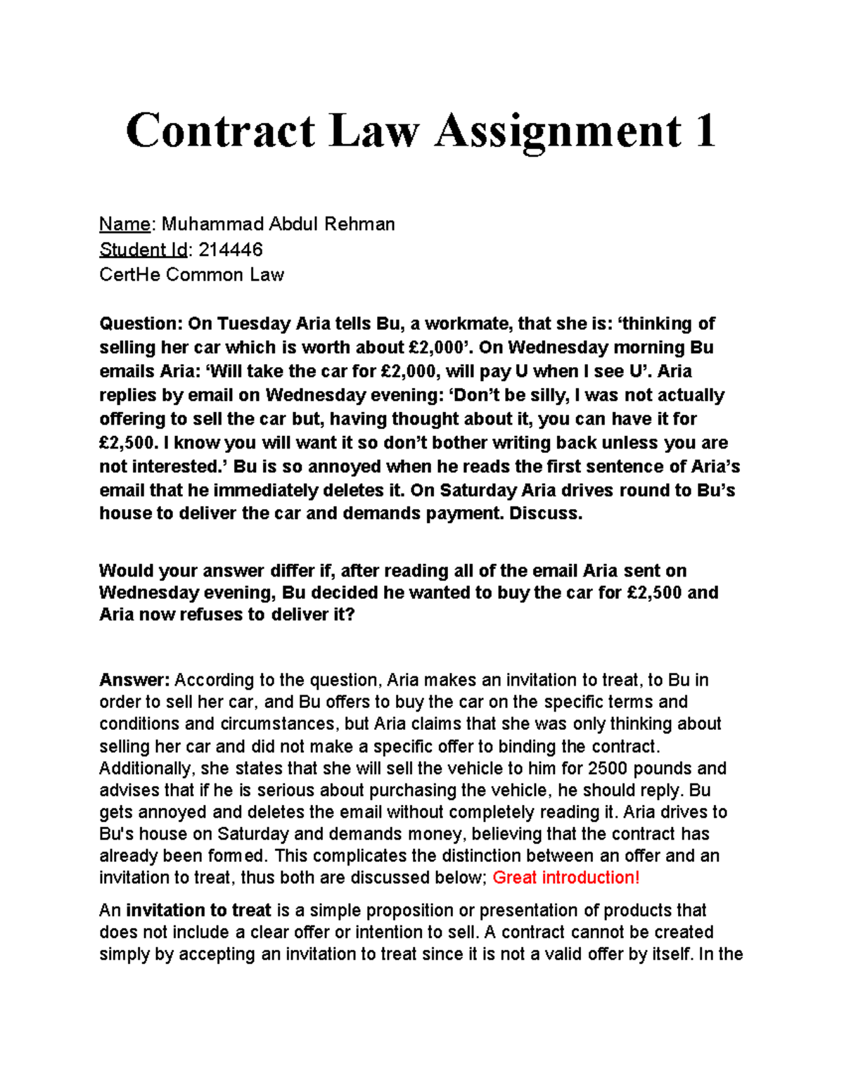 Contract Law Assignment #1 - On Wednesday morning Bu emails Aria: ‘Will ...
