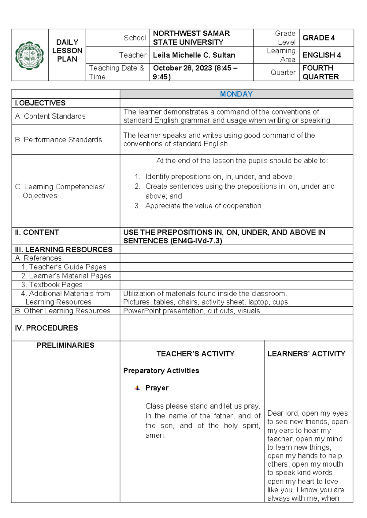 DLP English 4 - USE THE PREPOSITIONS IN, ON, UNDER, AND ABOVE IN ...