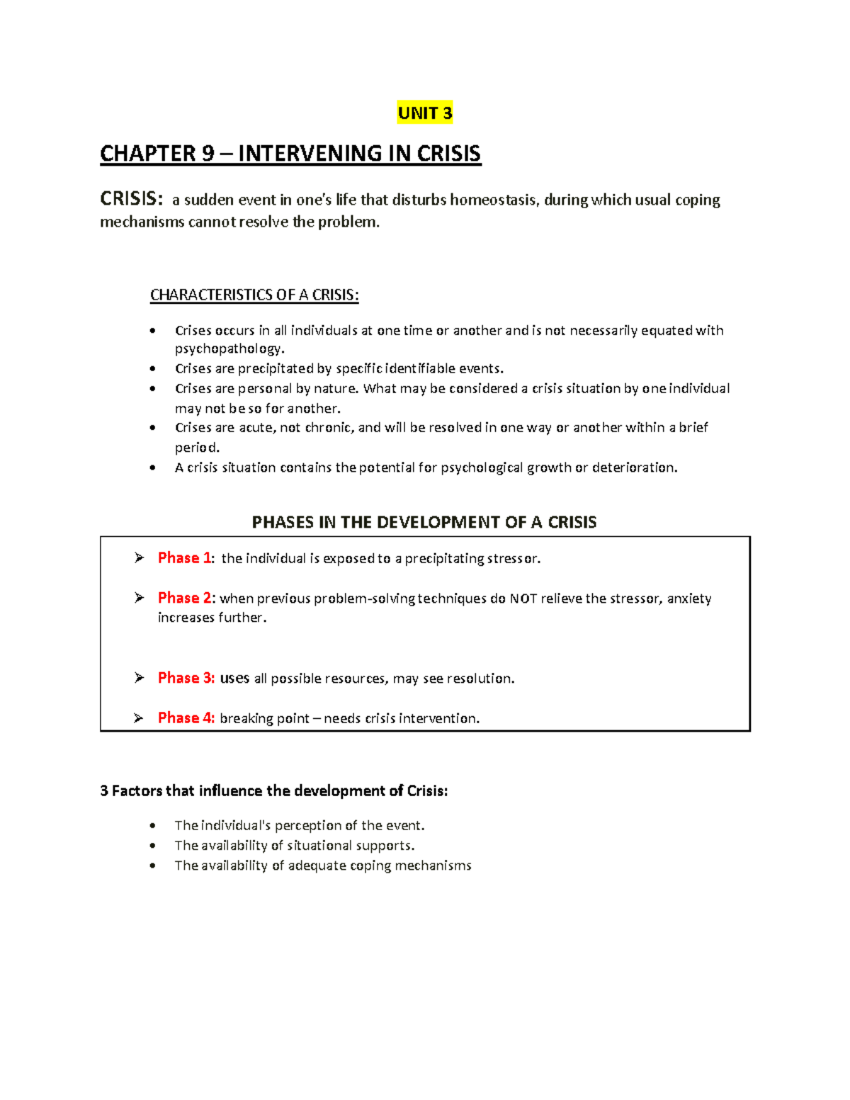 UNIT 3 - Mental health - UNIT 3 CHAPTER 9 – INTERVENING IN CRISIS ...