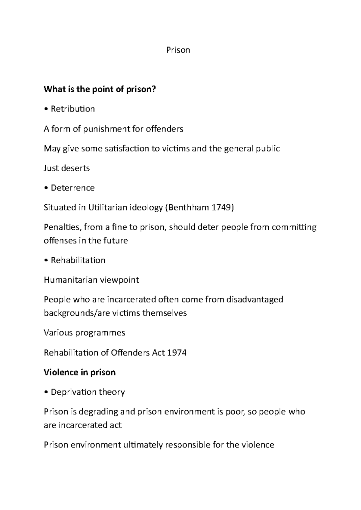 Prison - Lecture notes 9 - Prison What is the point of prison ...