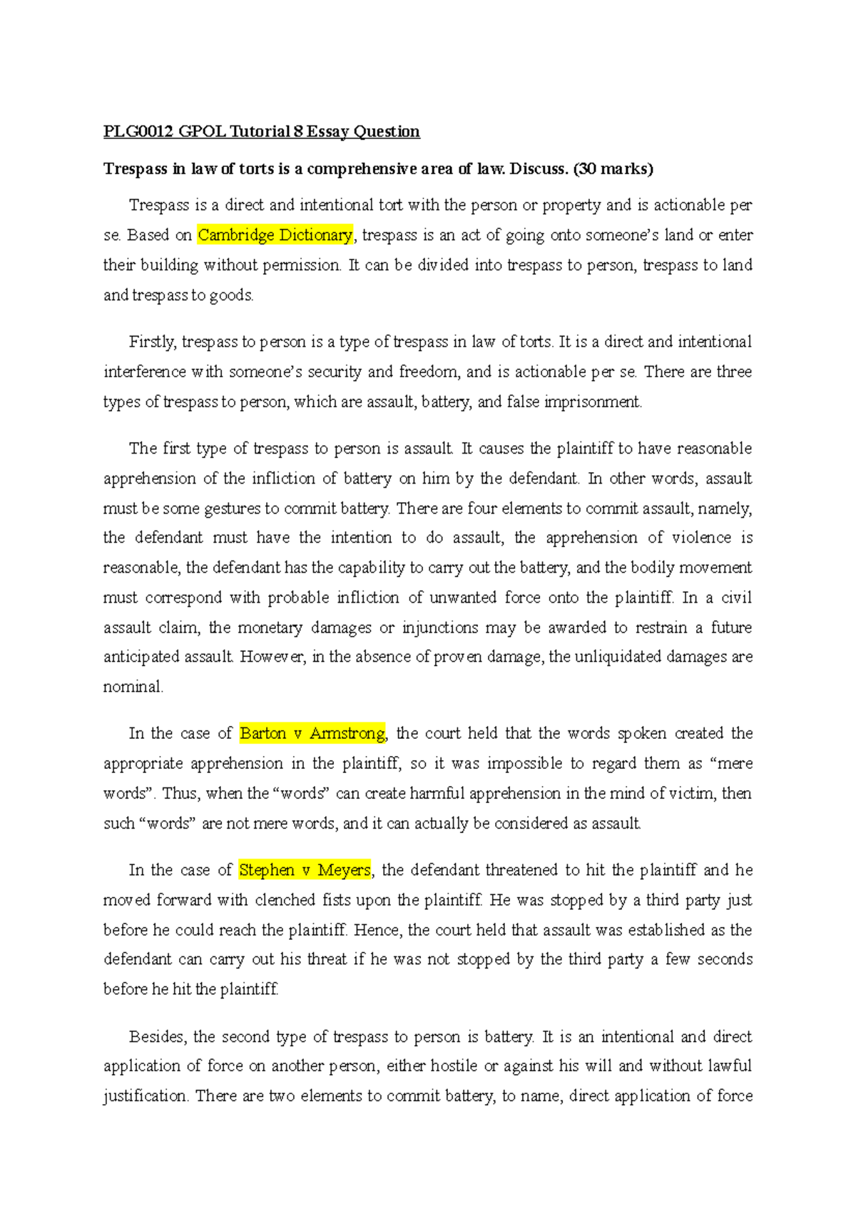 GPOL Tutorial 8 Essay Question_General Principles of Law_Trespass ...