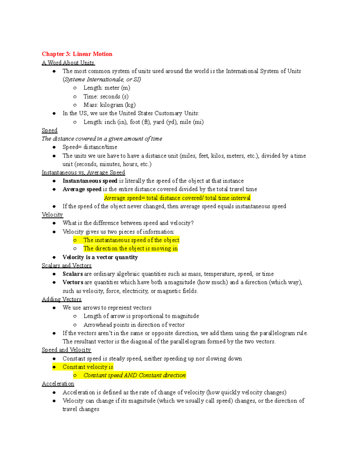 Physics Chapters 3 and 4 Notes - Chapter 3: Linear Motion A Word About ...