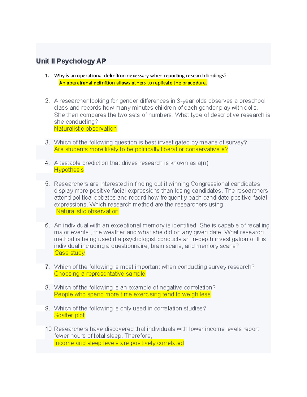 Psychology AP - all answered have been corrected Unit 1 - Unit II ...