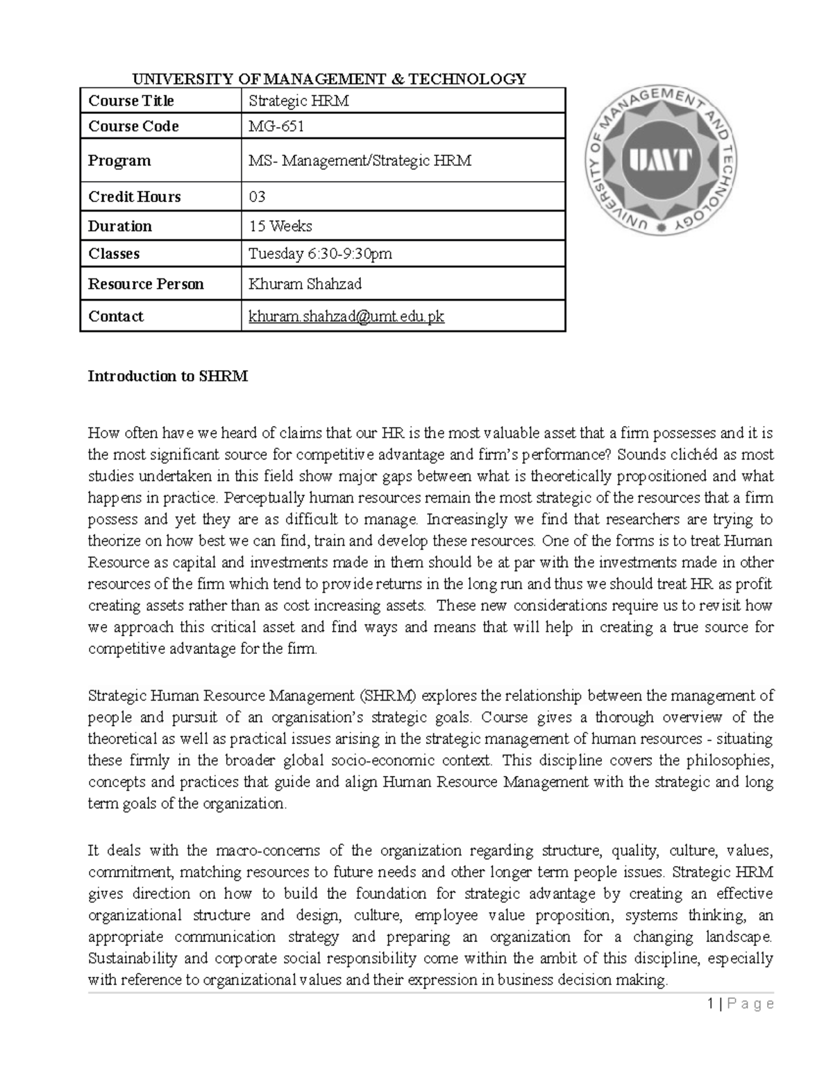 Course Outline Strategic HRM 202 - UNIVERSITY OF MANAGEMENT ...