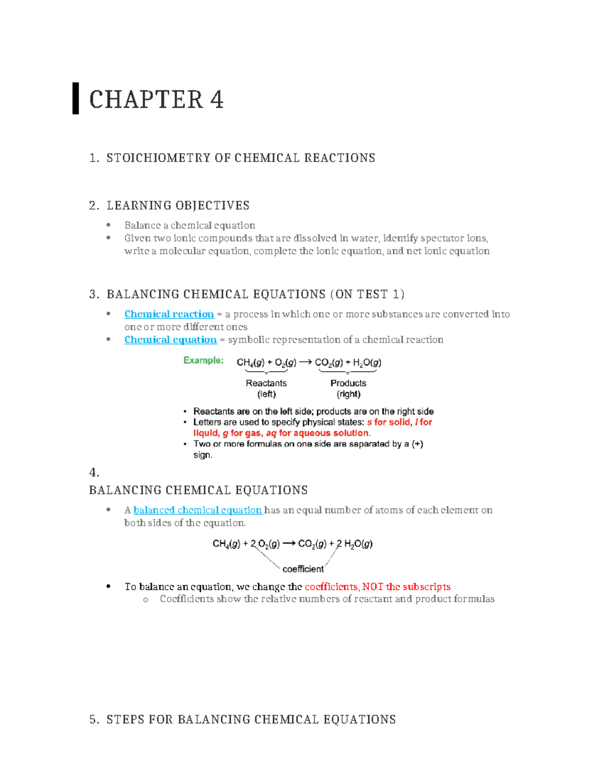 Chapter 4 - notes - CHAPTER 4 1. STOICHIOMETRY OF CHEMICAL REACTIONS 2 ...