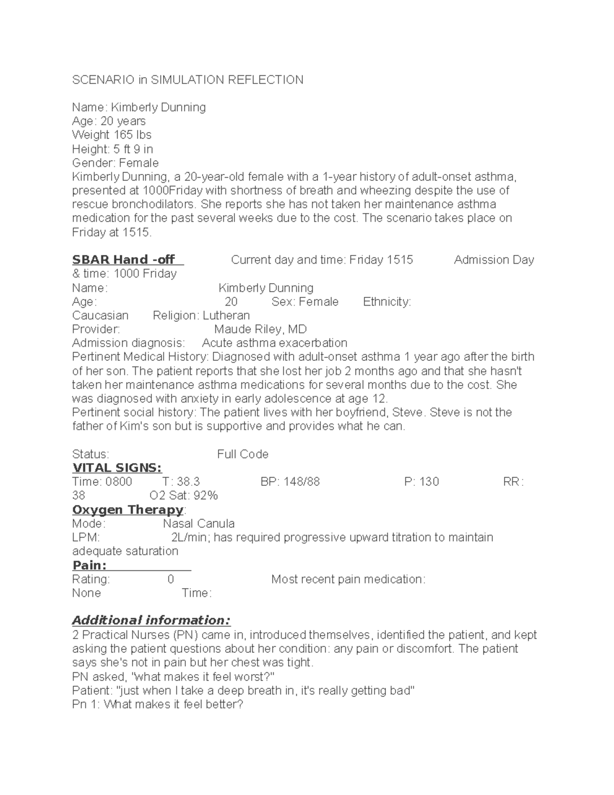 Kimberly Asthma Scenario in Simulation Reflection - SCENARIO in SIMULATION REFLECTION Name ...