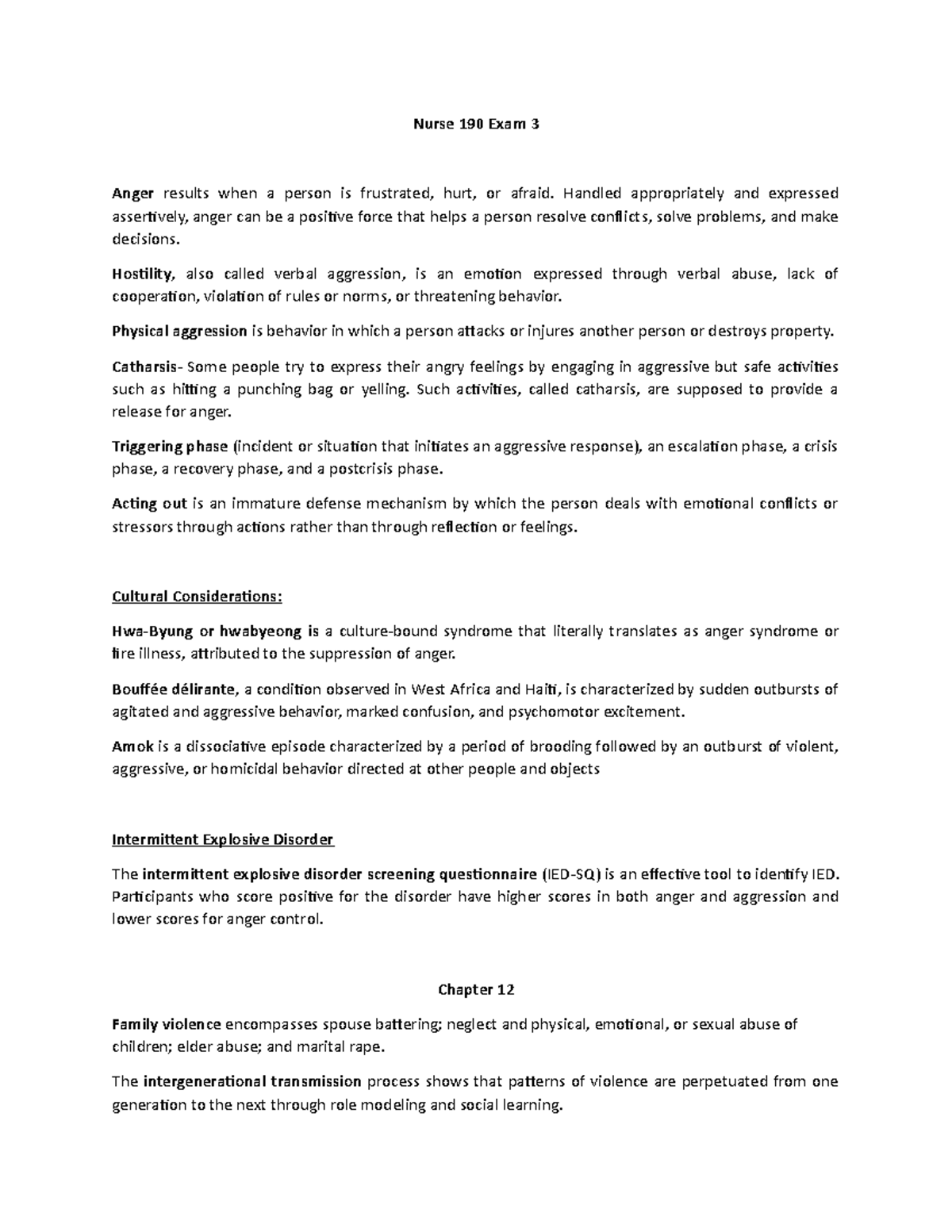 Nurse 190 Exam 3 - Exam 3 notes - Nurse 190 Exam 3 Anger results when a ...