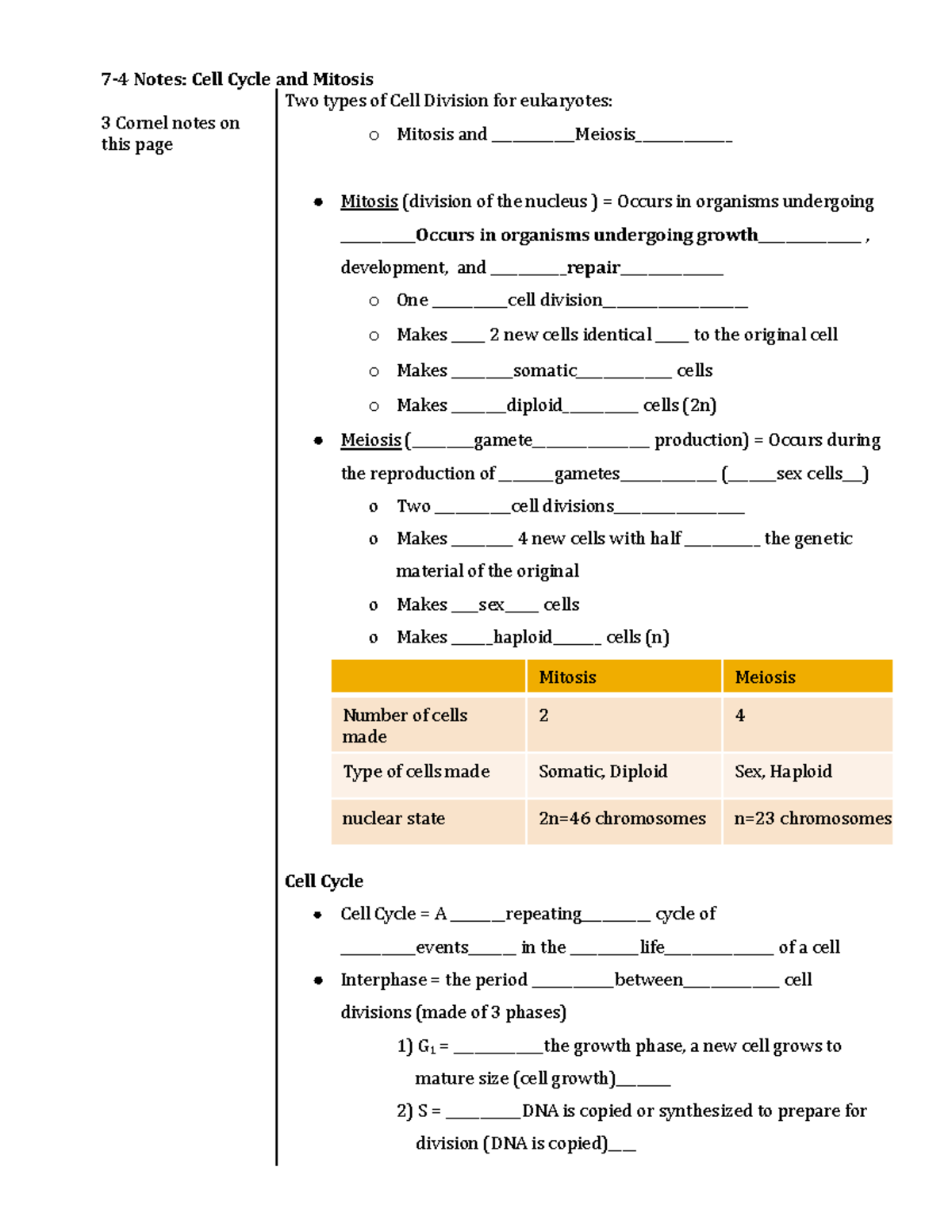 7-4 Cell Cycle and Mitosis - 7-4 Notes: Cell Cycle and Mitosis 3 Cornel ...