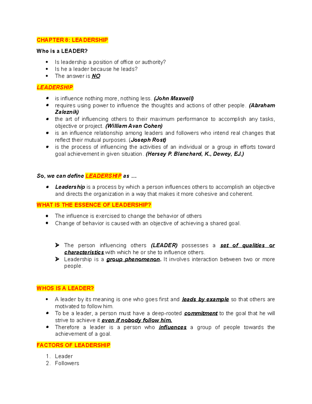 HBO Final Reviewer - CHAPTER 8: LEADERSHIP Who is a LEADER? Is ...