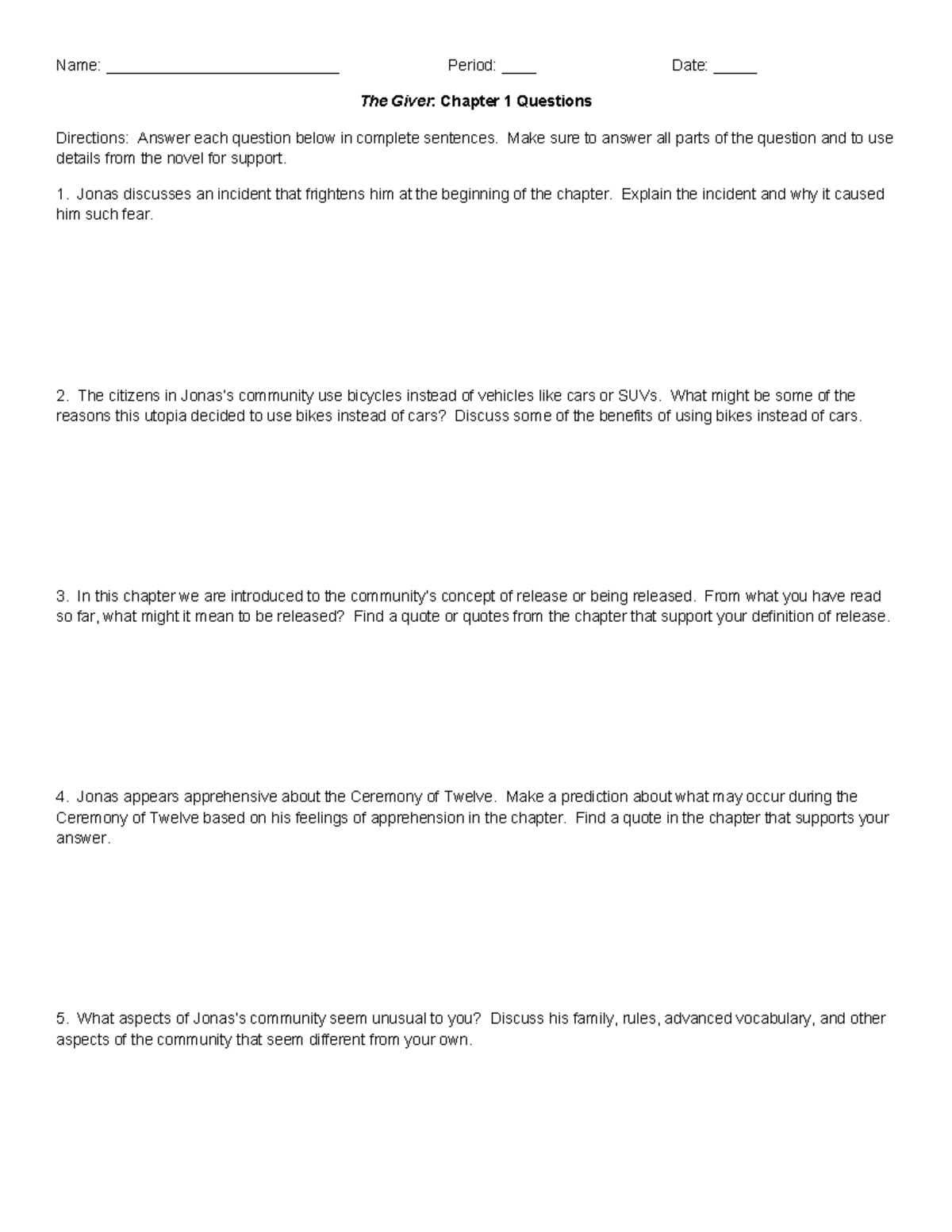 The Giver Chapter Questions 2 - The Giver: Chapter 1 Questions ...