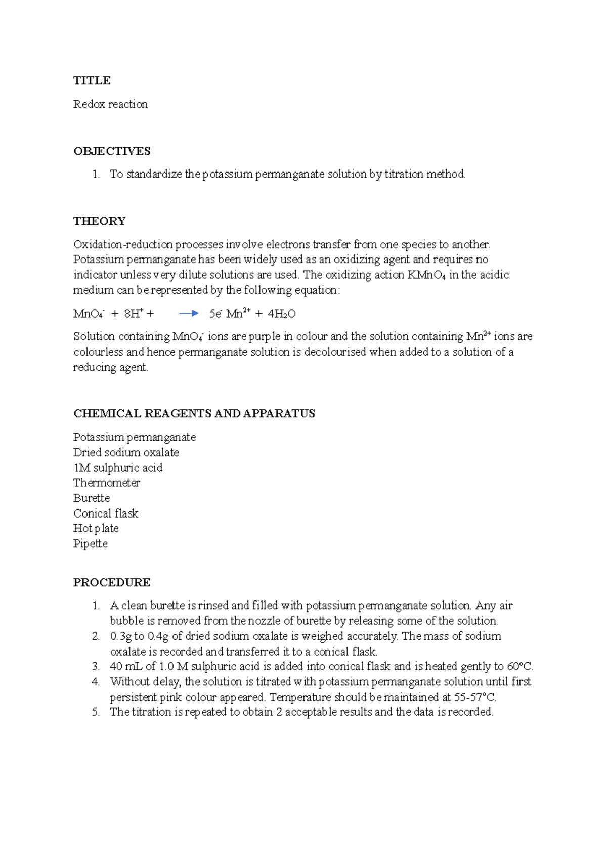 CHM420 EXP 7 - REDOX TITRATION EXPERIMENT - TITLE Redox reaction ...
