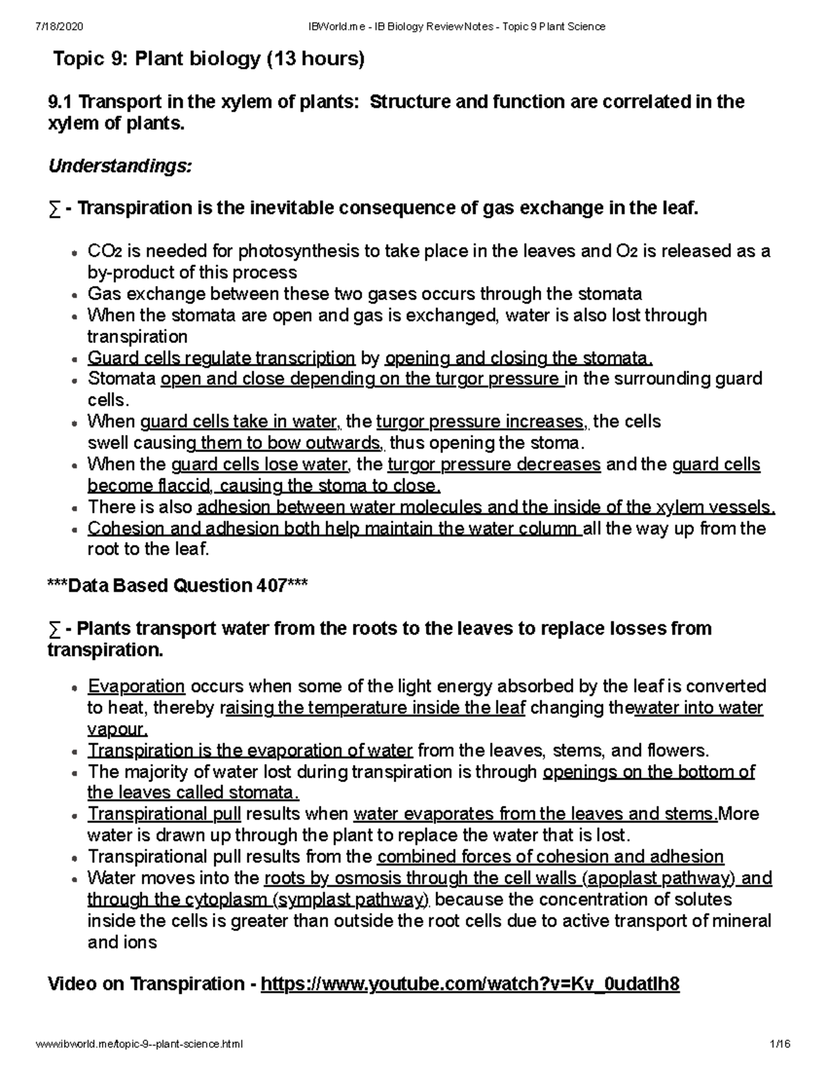 IBWorld.me - IB Biology Review Notes - Topic 9 Plant Science - Topic 9 ...