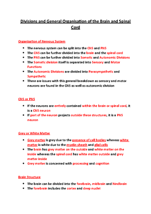 P1- division and organisation of brain and spinal cord - 5BBA2081 ...