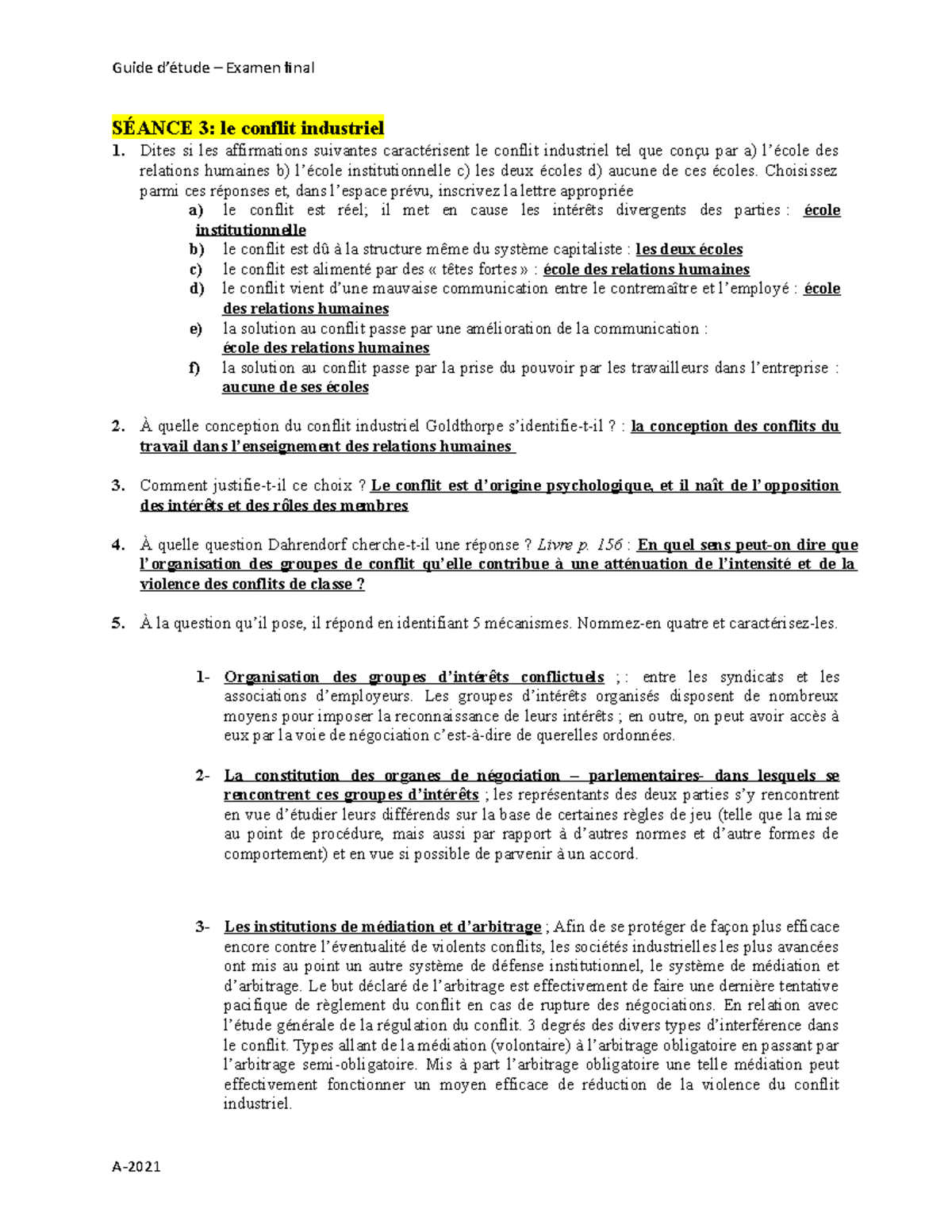 Guide D' Étude - Examen Final - SÉANCE 3: le conflit industriel Dites ...
