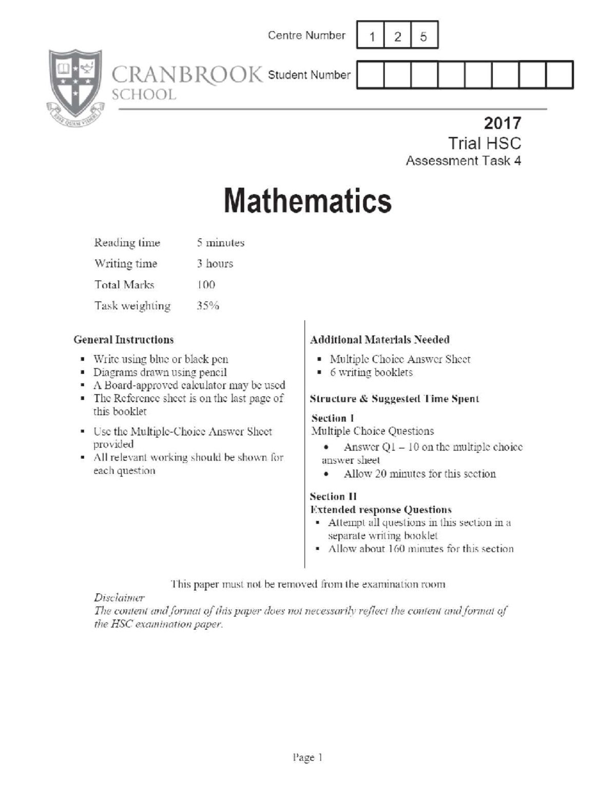 Cranbrook 2017 Trial Paper - MATH1131 - Studocu