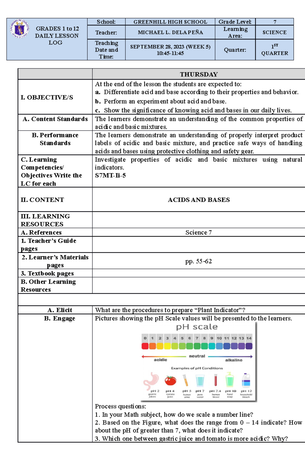 W5d4 - Science 7 Acid and Base - GRADES 1 to 12 DAILY LESSON LOG School ...