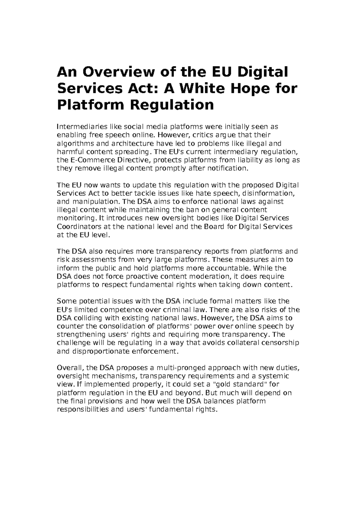 An Overview of the EU Digital Services Act A White Hope for Platform ...