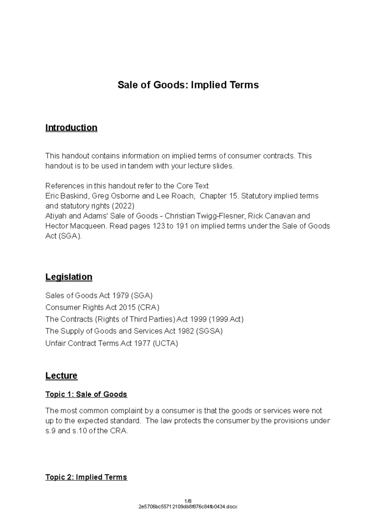 Unit 2 - Handout - Implied Terms - Sale of Goods: Implied Terms ...