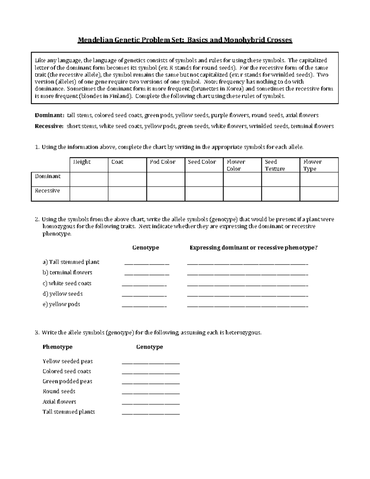 Basics and Monohybrid Cross Problem Set - Mendelian Genetic Problem Set ...