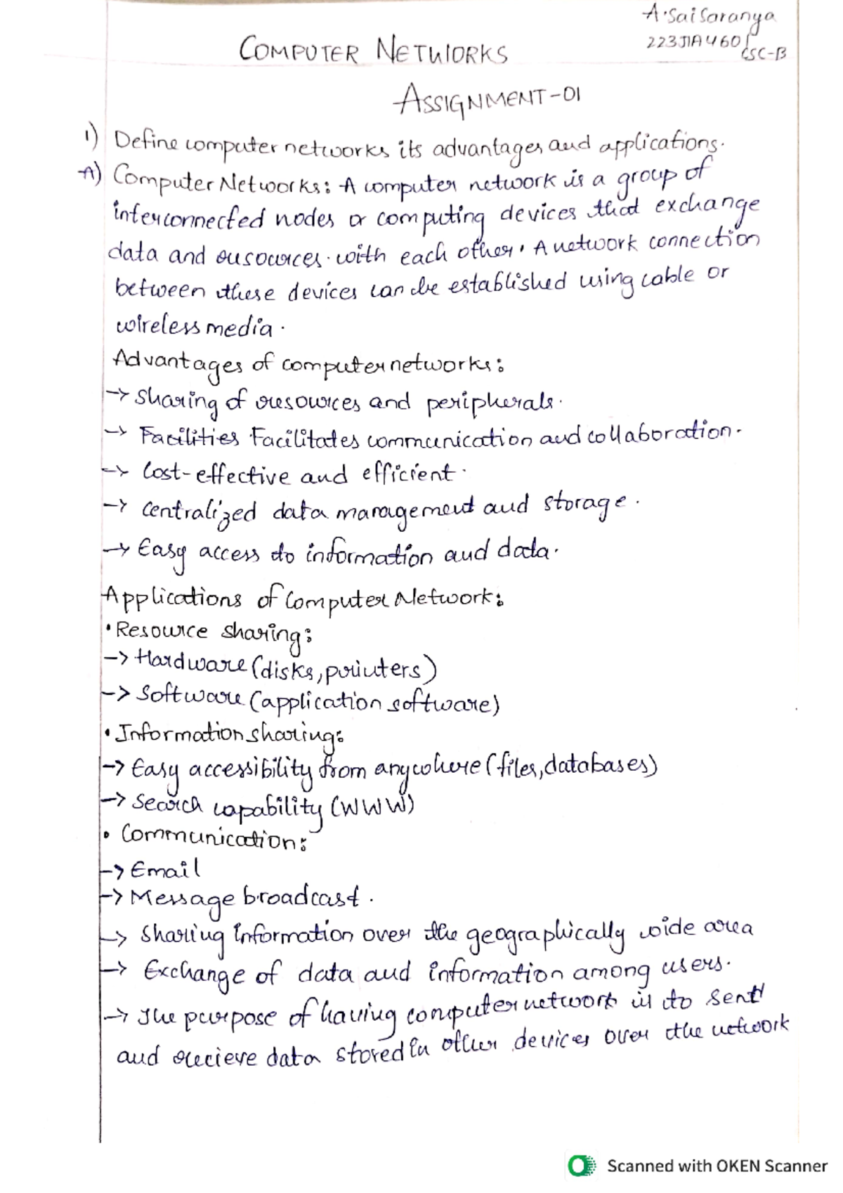 Cn assignment 1 - Computer Networks - A COMPUTER NETWORKS 1) Define computer networks its ...