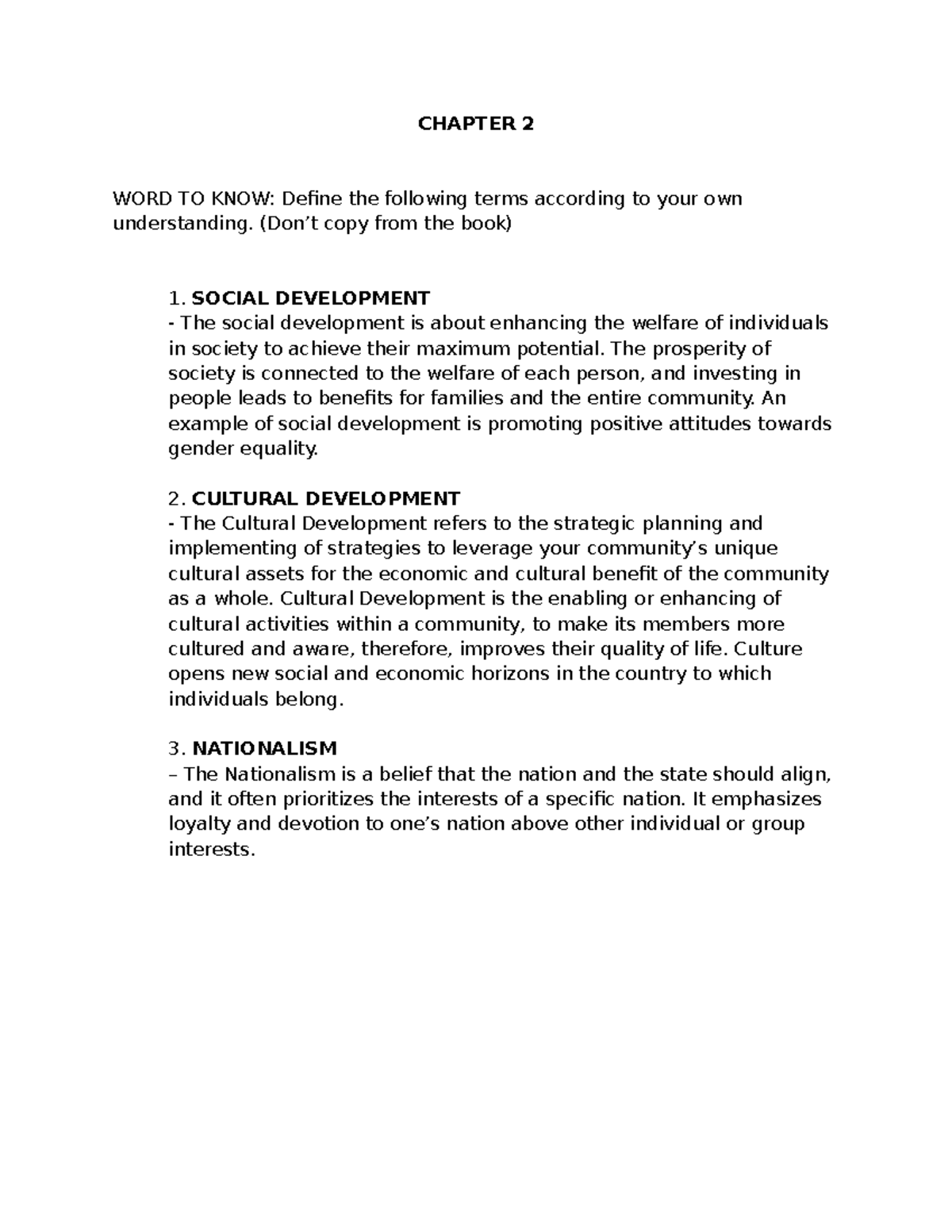 Activity 2 - CHAPTER 2 WORD TO KNOW: Define the following terms according to your own ...