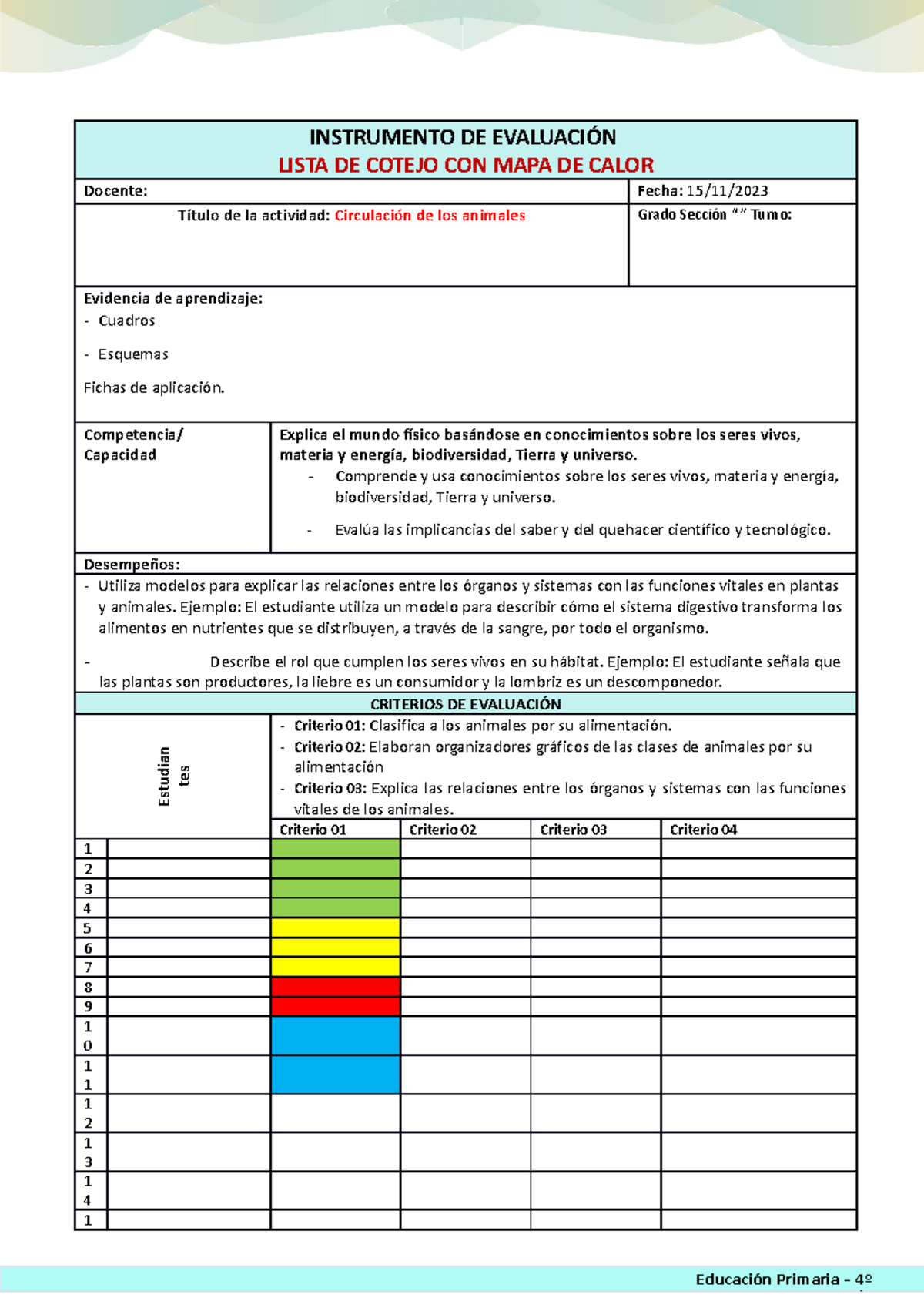 Cy T 4° - Instr. Circulación de los animales - INSTRUMENTO DE EVALUACIÓN LISTA DE COTEJO CON ...