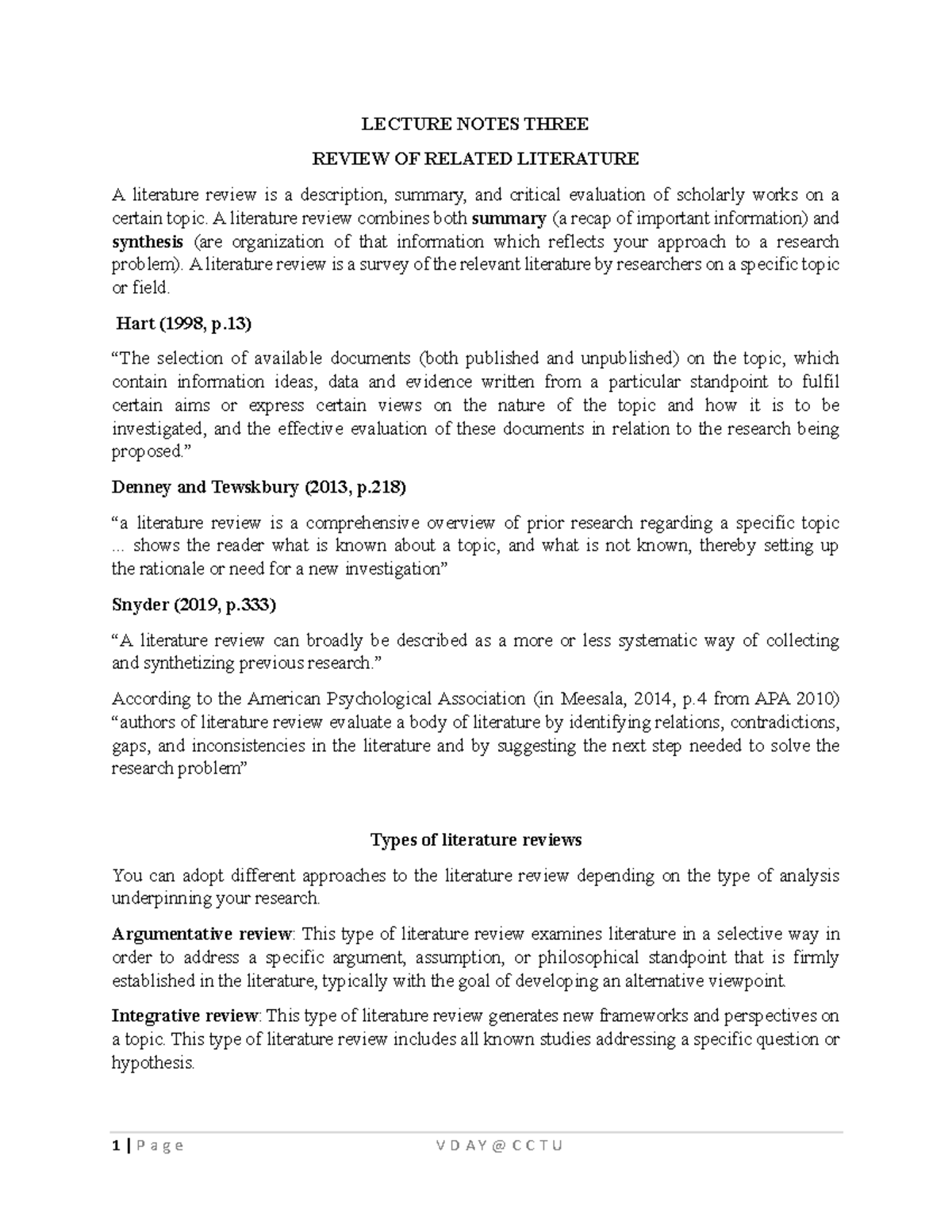 Research Methods Lecture Notes Three - LECTURE NOTES THREE REVIEW OF ...