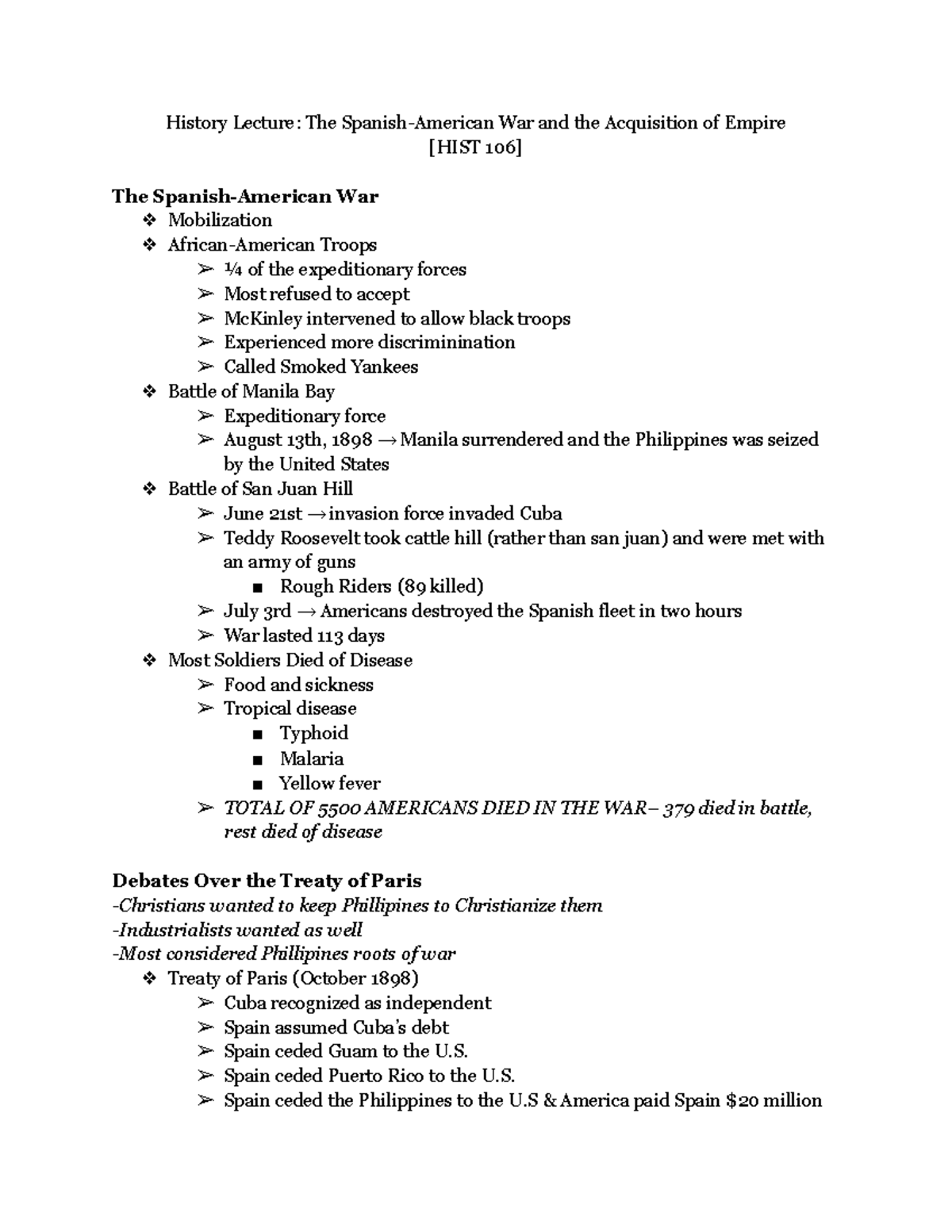 History 106 Lecture The Spanish-American War and the Acquisition of ...