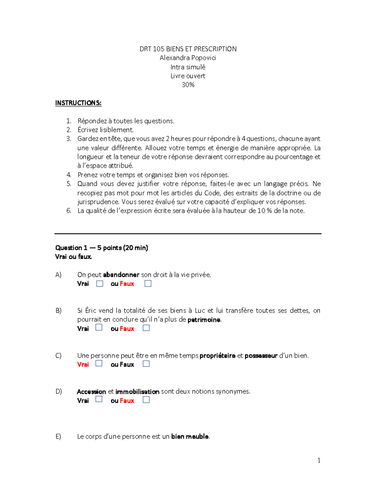 Popovici-DRT 105- Intra simulé avec corrigé - DRT 105 BIENS ET ...