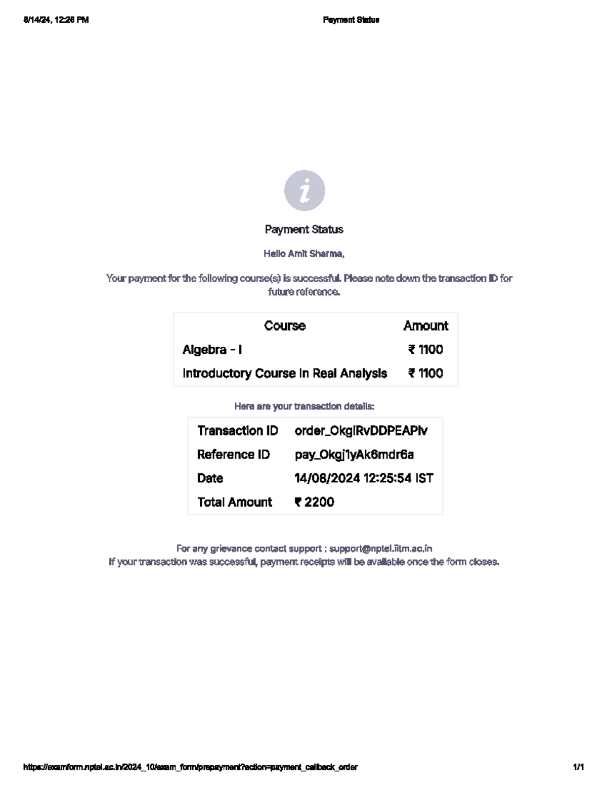 Reciept Nptel Courses - dcsa - 12:28 PM Payment Status i Payment Status ...