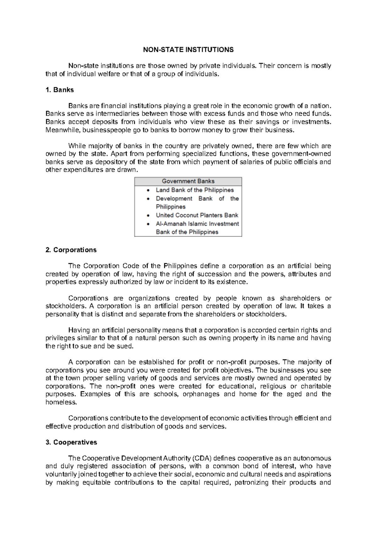 UCSP- Handout-4 - module - NON-STATE INSTITUTIONS Non-state ...