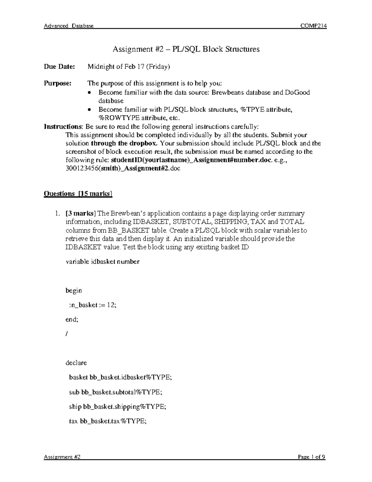 Assignment 2 301152304 - Assignment #2 – PL/SQL Block Structures Due ...