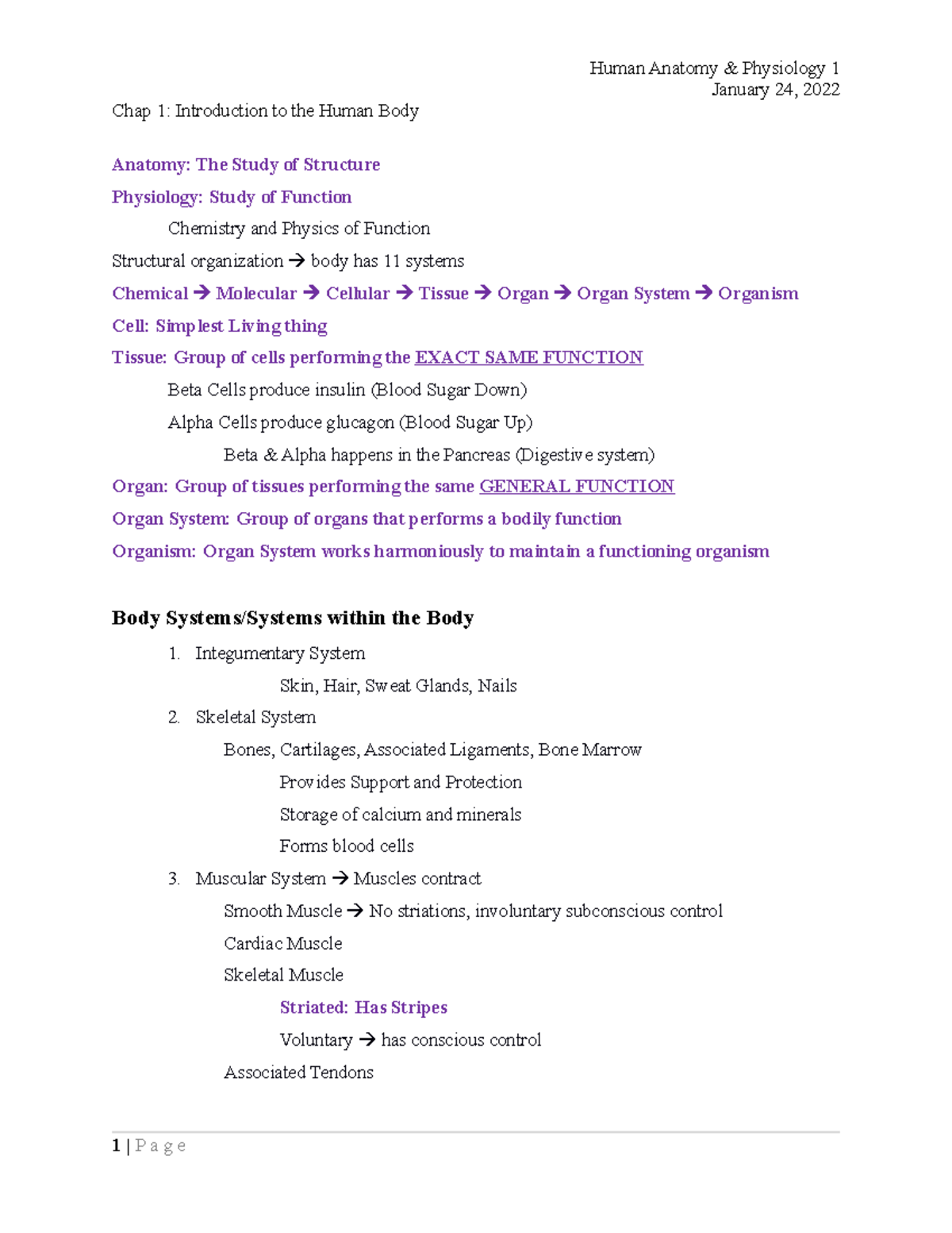 Chap 1 - Anatomy Notes Covering Basic Human body systems - January 24 ...