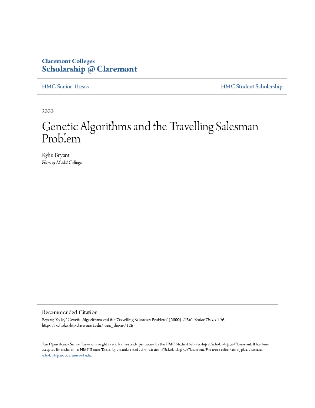 Genetic Algorithms And The Travelling Salesman Problem Claremont