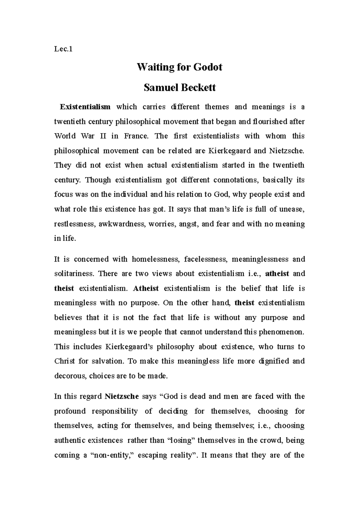 Waiting for Godot Introduction drama - Lec. Waiting for Godot Samuel ...