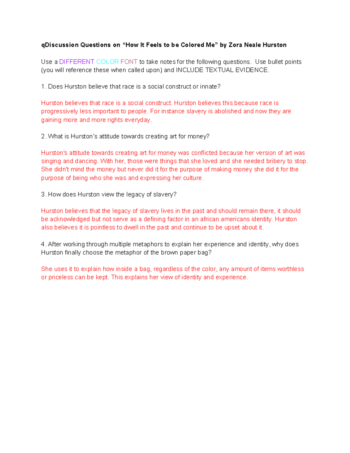 Copy of Discussion Questions on “How It Feels to be Colored Me” by Zora ...