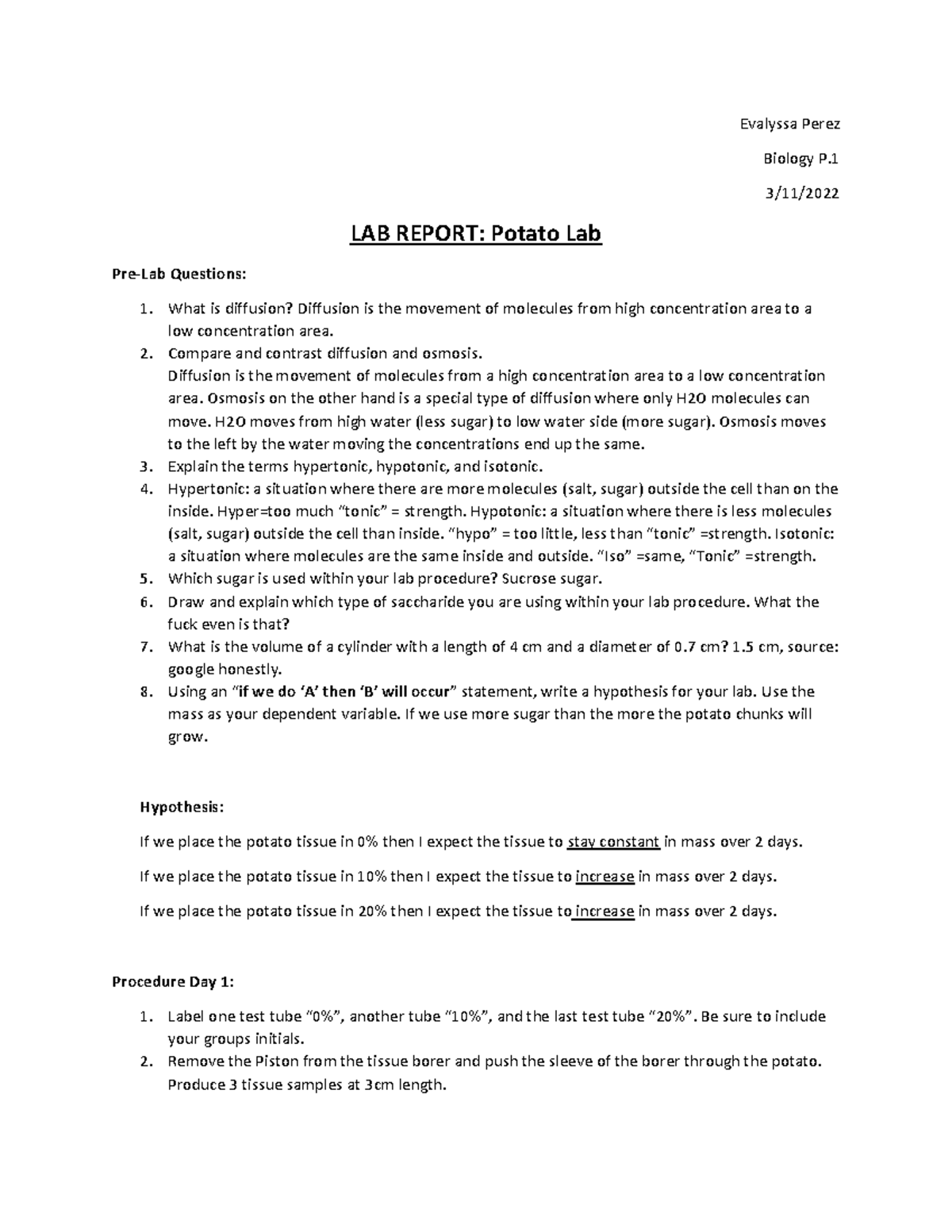 Potato Lab Report - Evalyssa Perez Biology P. 3/11/ LAB REPORT: Potato ...