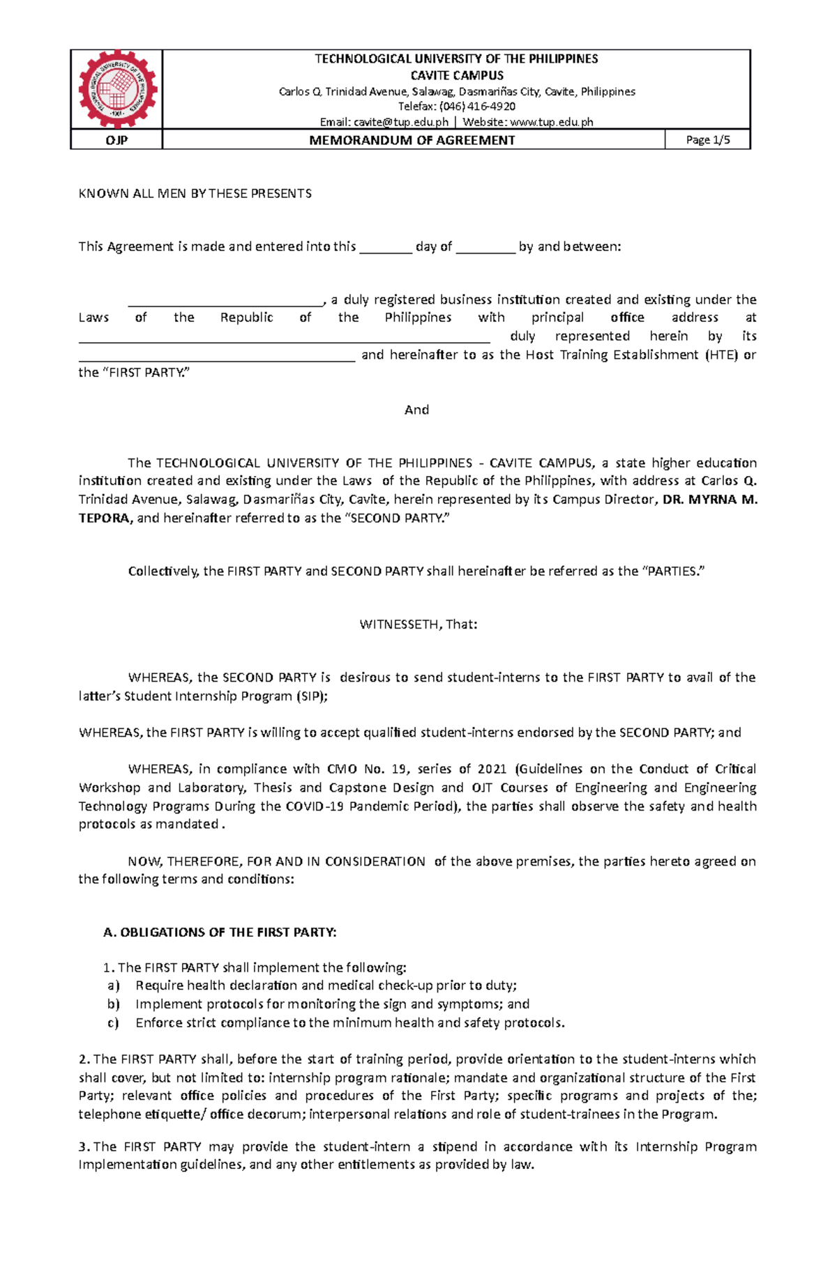 Internship-MOA-2022 - MOA - CAVITE CAMPUS Carlos Q. Trinidad Avenue ...