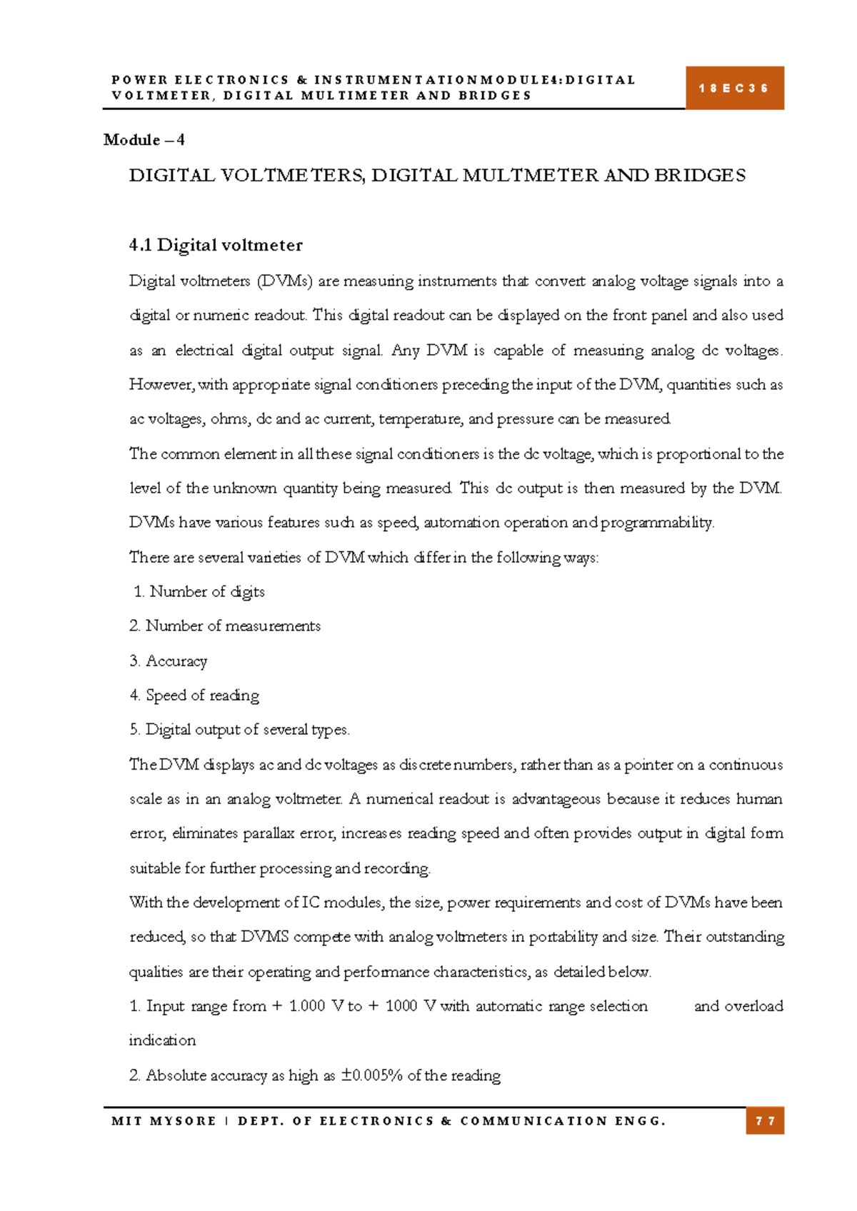 18EC36 Module 4 Digital Voltmeters, Digital Multimeters and Bridges - P O W E R E L E C T R O N ...