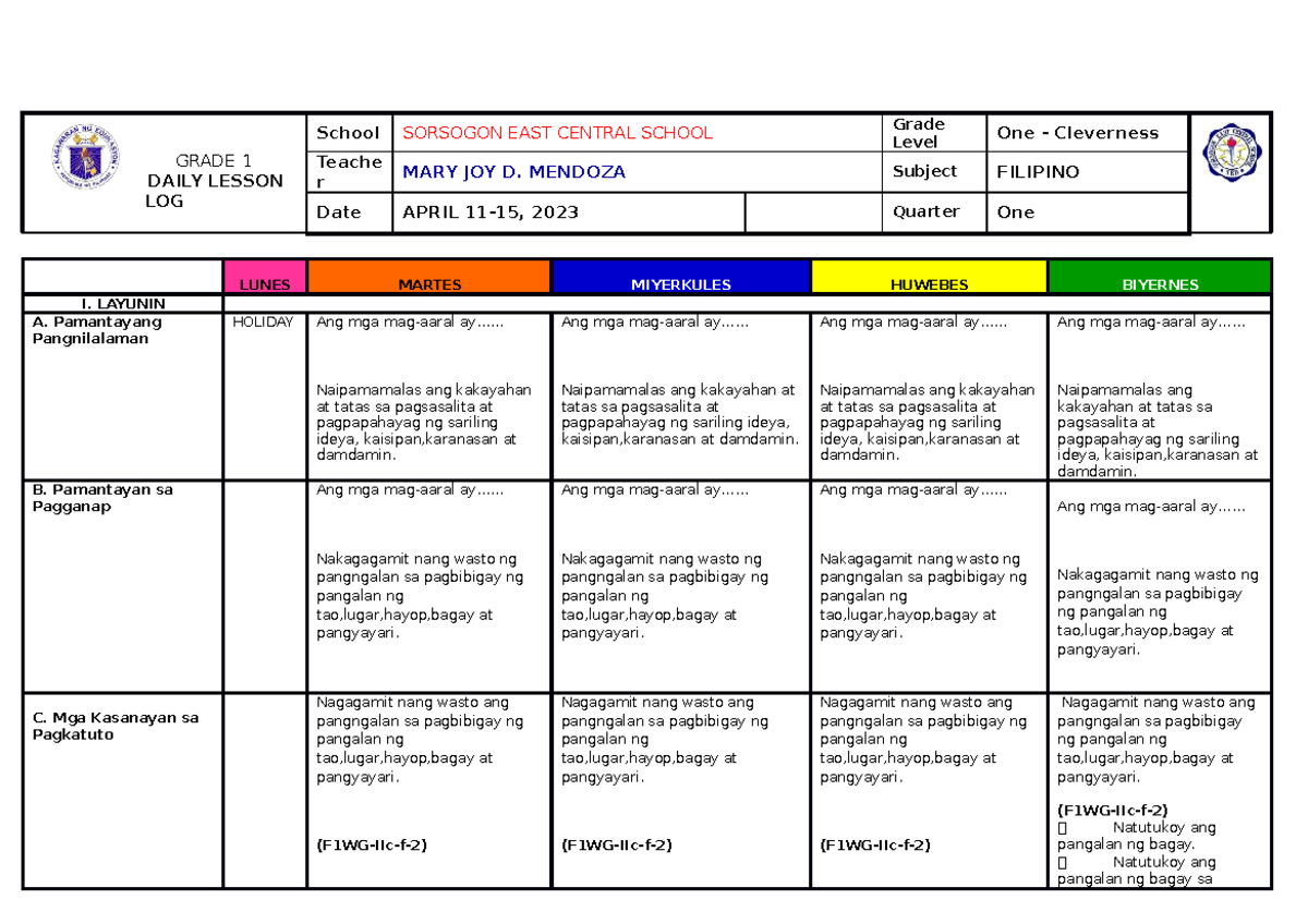 Filipino Third Quarter WEEK 3 - GRADE 1 DAILY LESSON LOG School ...