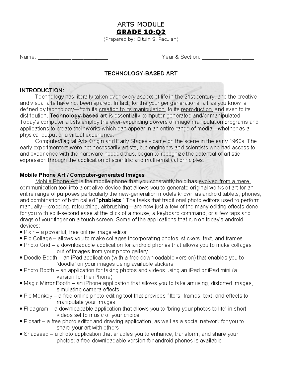 G10-Arts-Q2 - module in Arts - ARTS MODULE GRADE 10:Q (Prepared by ...