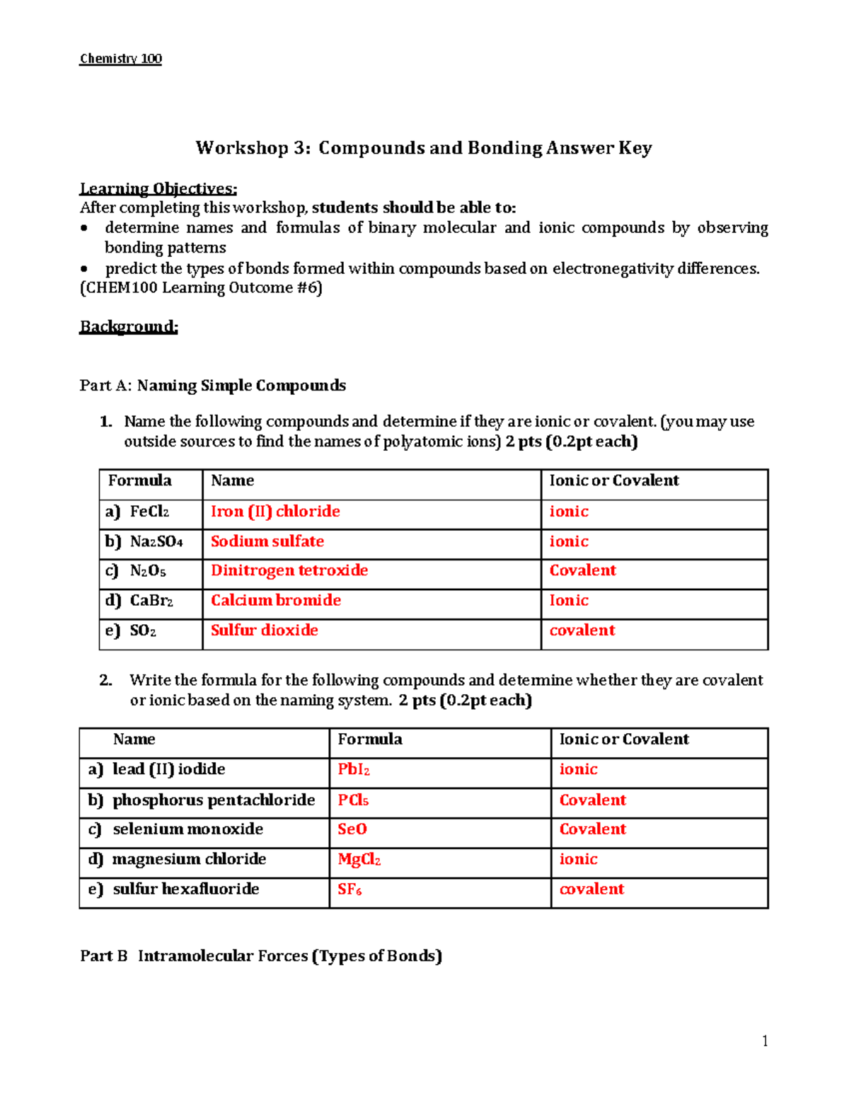 Wk #3 Key - class assignment - Chemistry 100 1 Workshop 3: Compounds ...