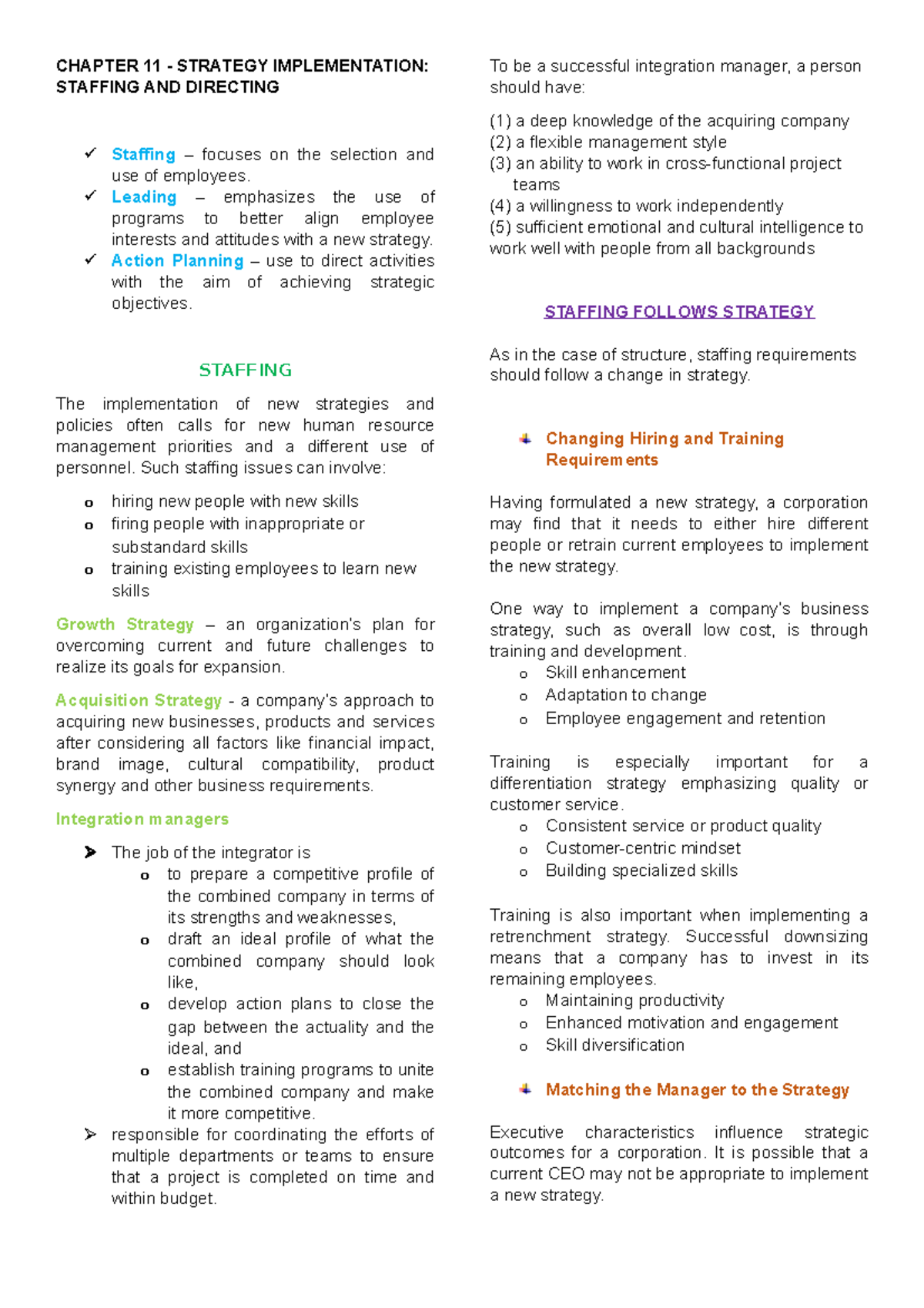 Cbmec 2 ( Chapter 11 Reviwer) - CHAPTER 11 - STRATEGY IMPLEMENTATION: STAFFING AND DIRECTING ...