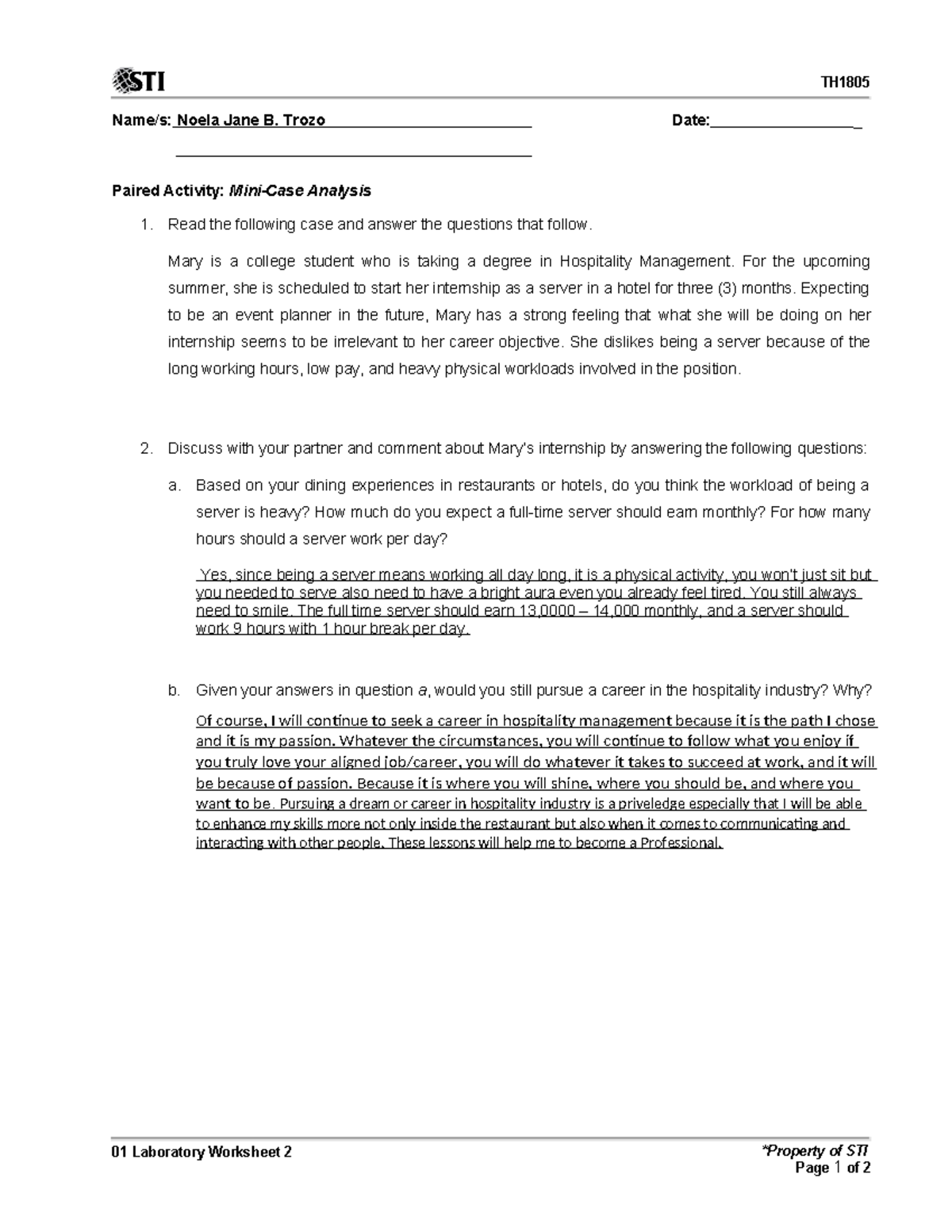 01 Laboratory Worksheet 2 FLO - TH 01 Laboratory Worksheet 2 *Property ...