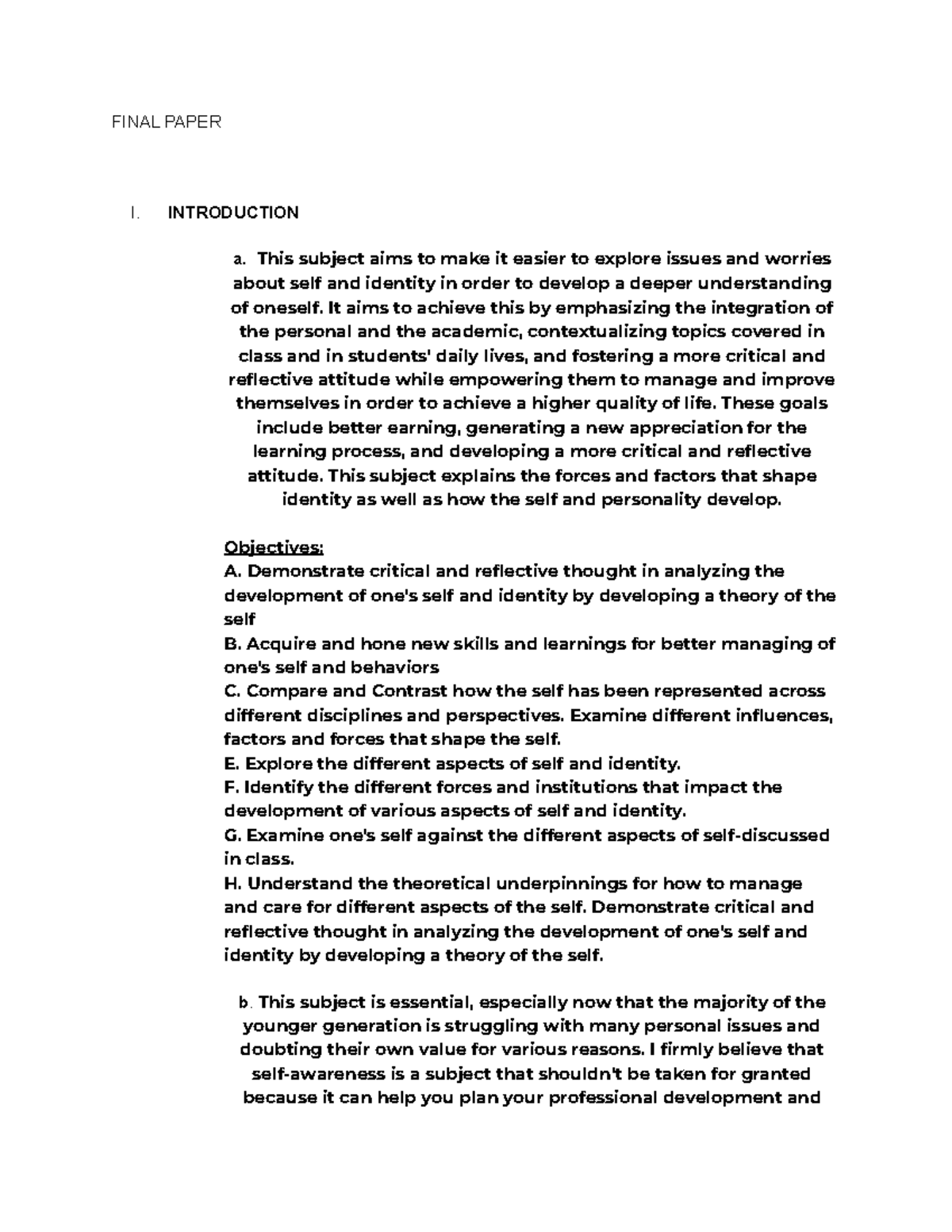 Final Paper - FINAL PAPER I. INTRODUCTION a. This subject aims to make ...