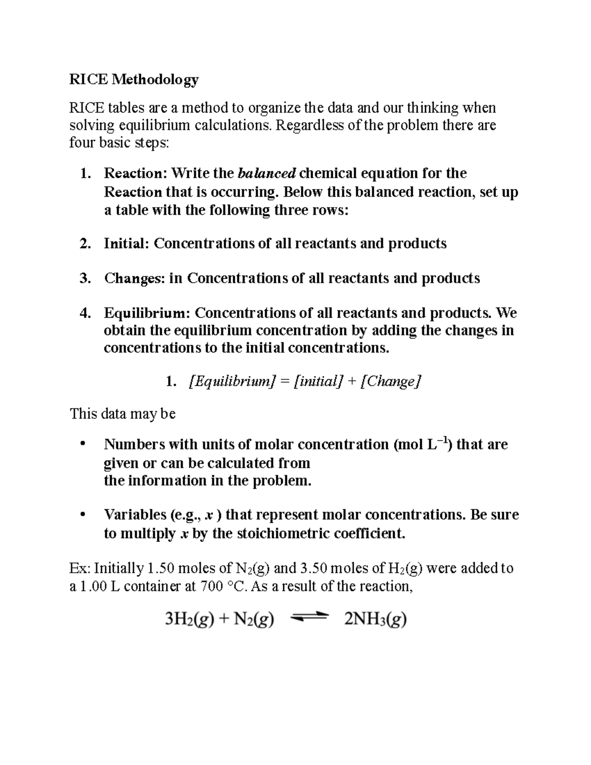 ICE Tables - General Chemistry Lecture Notes - RICE Methodology RICE ...