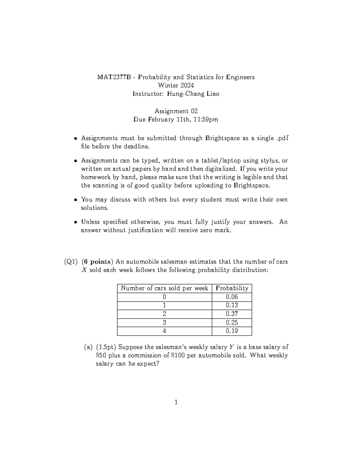 Assignment 02 solution - MAT2377B - Probability and Statistics for Engineers Winter 2024 ...