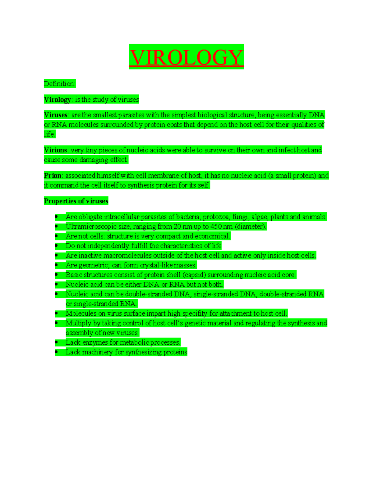 Lec 1 Virology - Good notes - VIROLOGY Definition: Virology: is the ...